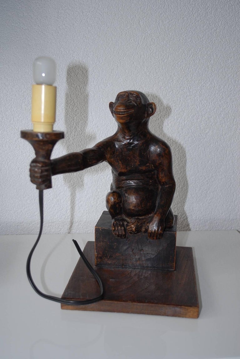 Rare and Decorative Carved Chimp, Monkey Wooden Table or Desk Lamp ...
