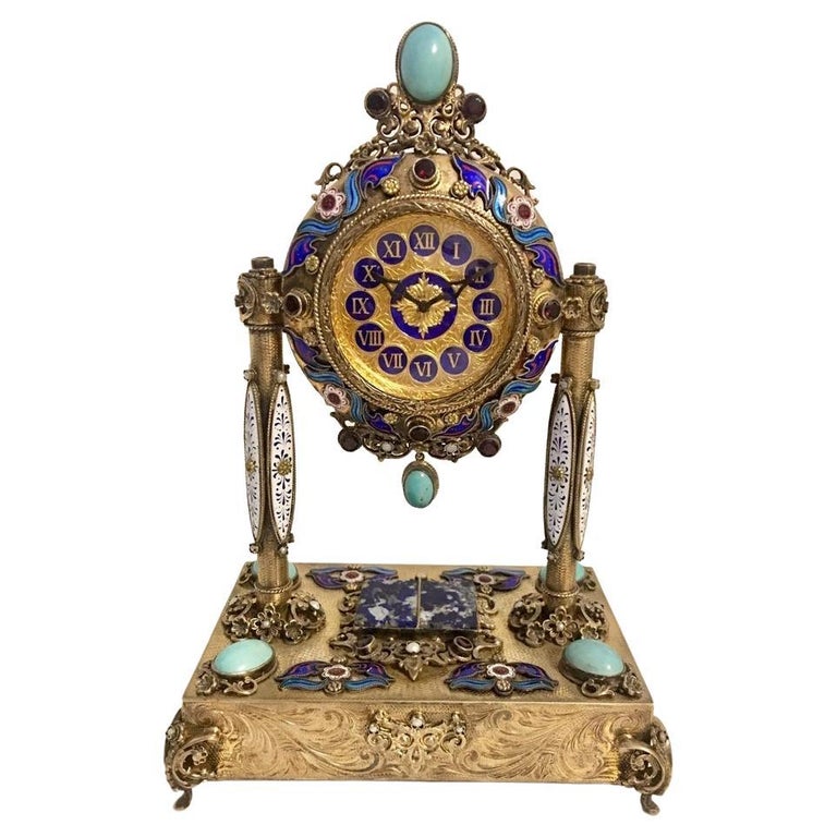 Rare and Fine Viennese Silver Gilt Enamel Precious Stones Musical Clock ...