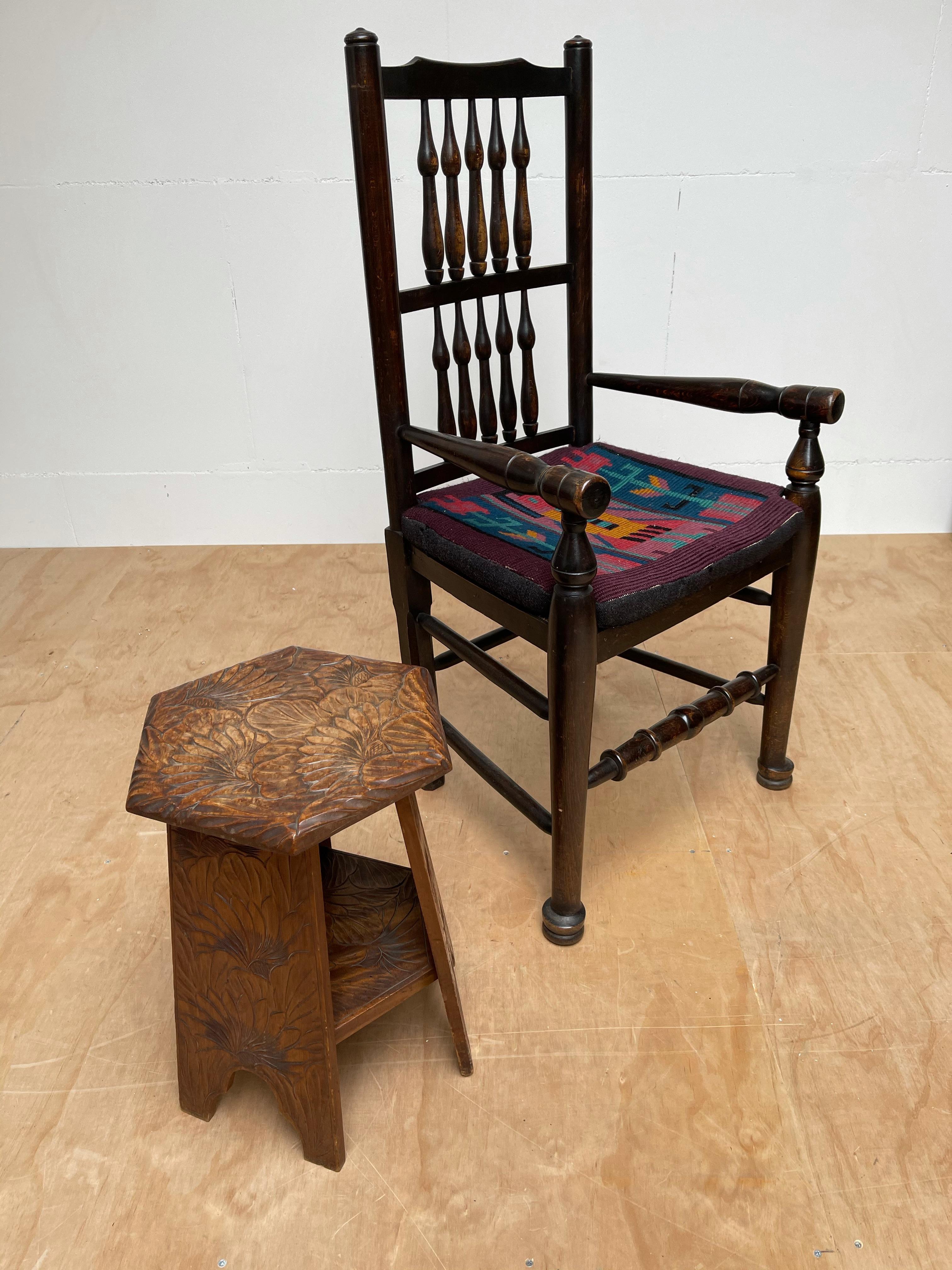 Rare and Quality Carved Arts and Crafts Table / Plant Stand with Flower ...