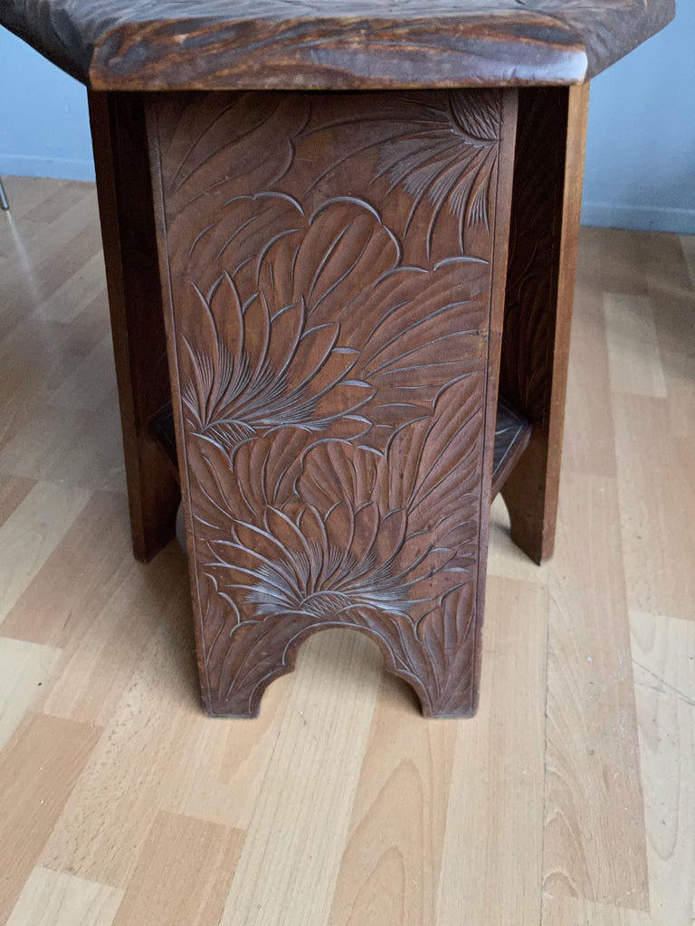Rare and Quality Carved Arts and Crafts Table / Plant Stand with Flower ...