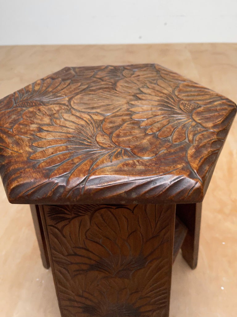 Rare and Quality Carved Arts and Crafts Table / Plant Stand with Flower ...