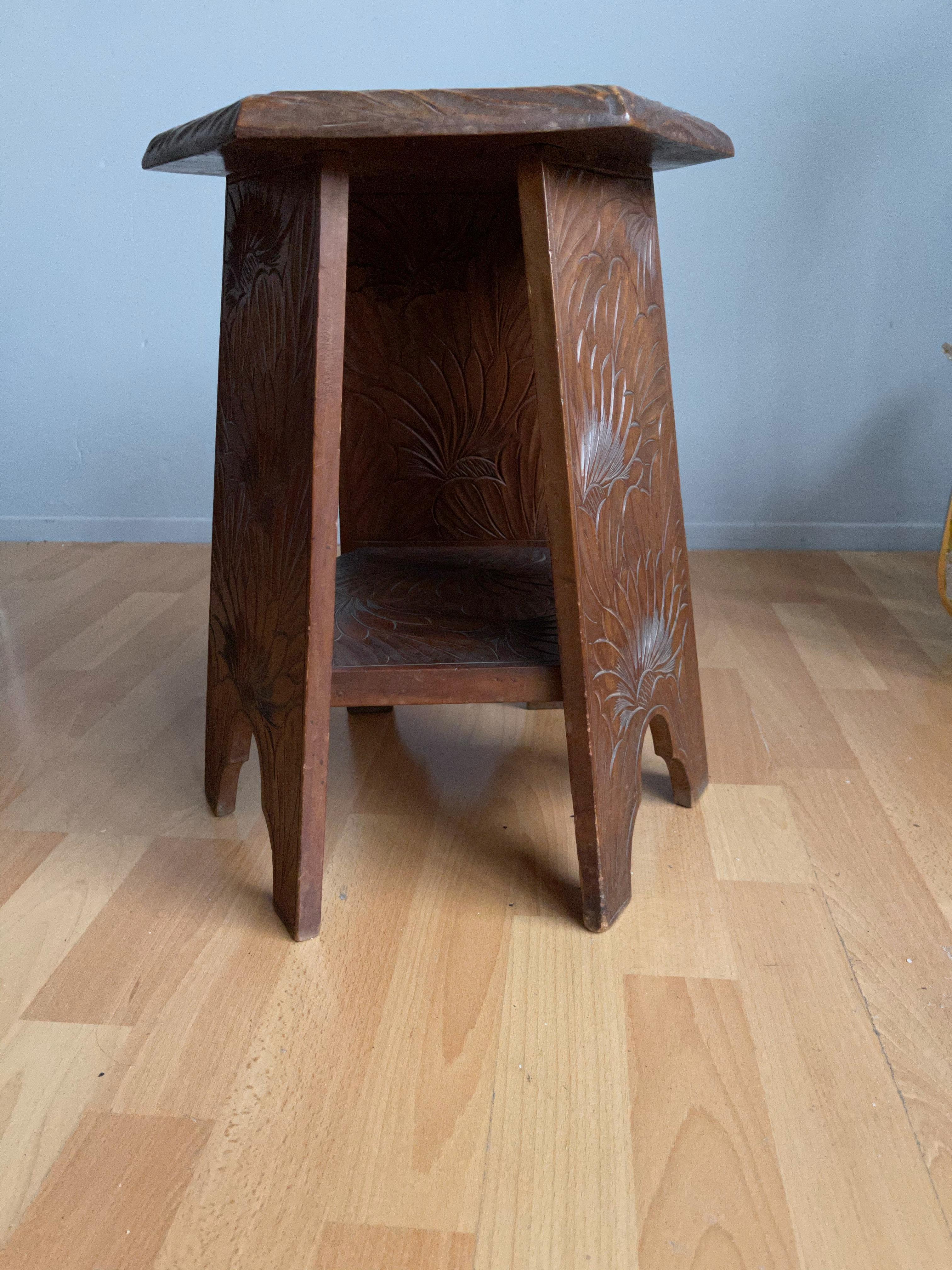 Rare and Quality Carved Arts and Crafts Table / Plant Stand with Flower ...
