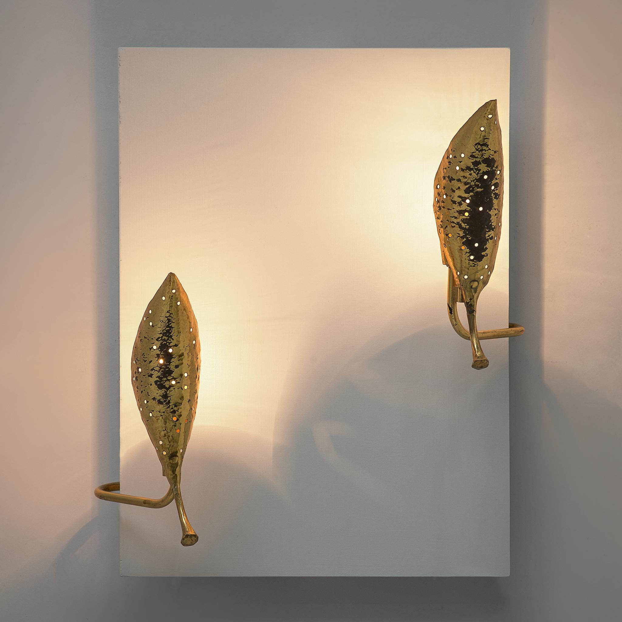 Rare Angelo Lelii ‘Leaf’ Wall Lamps in Hammered Brass at 1stDibs