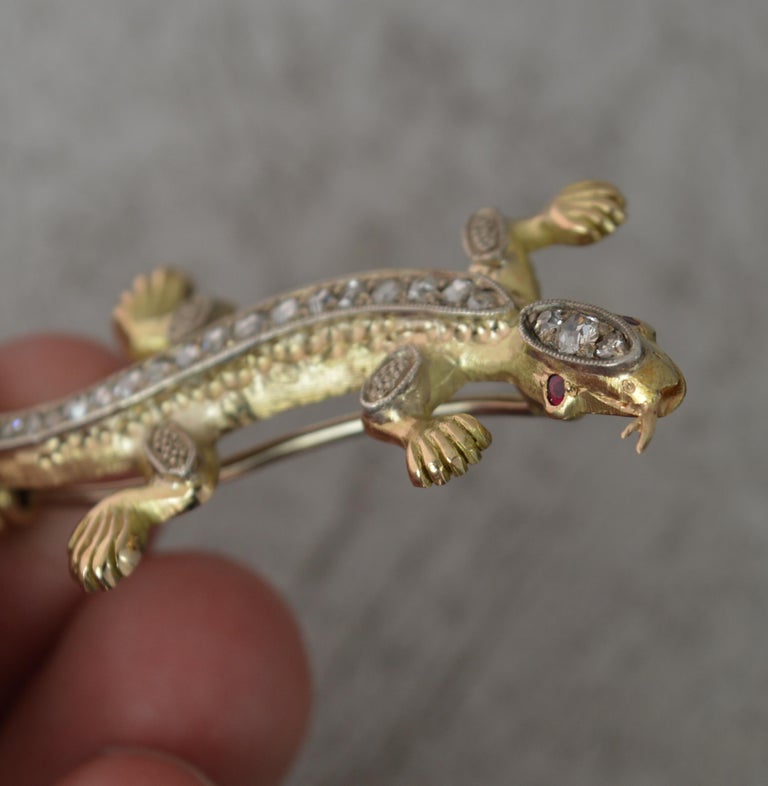 Rare Antique 14ct Gold Rose Cut Diamond and Garnet Gecko Lizard Brooch ...