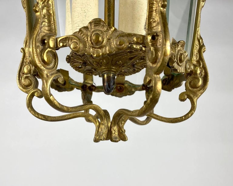 Rare Antique Ceiling Lantern in Gilt Bronze with Glass Panels, 1930s For Sale at 1stDibs