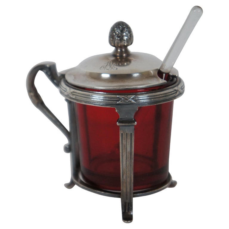 Rare Antique Christofle Cranberry Glass and Sterling Silver Jam Mustard ...