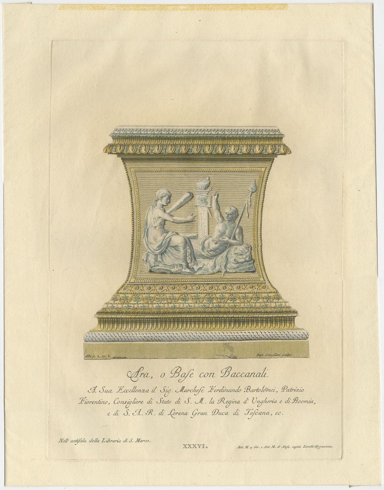 Rare Antique Engraving of a Large Ornamental Bacchic Altar or Pedestal ...