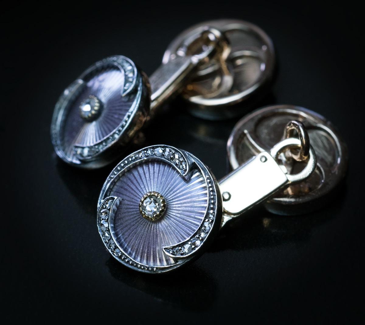 Rare Antique Faberge Lilac Guilloche Enamel Diamond Double Cufflinks at ...
