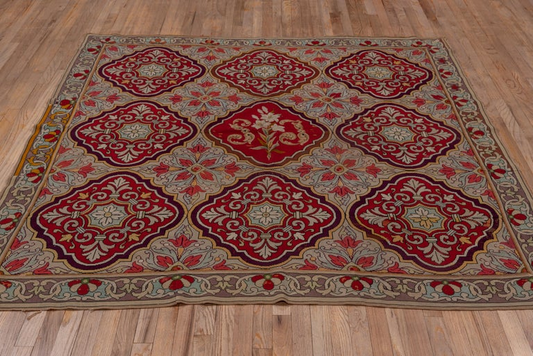 Rare Antique French Needlepoint Square Rug, Rich Colors For Sale at 1stDibs