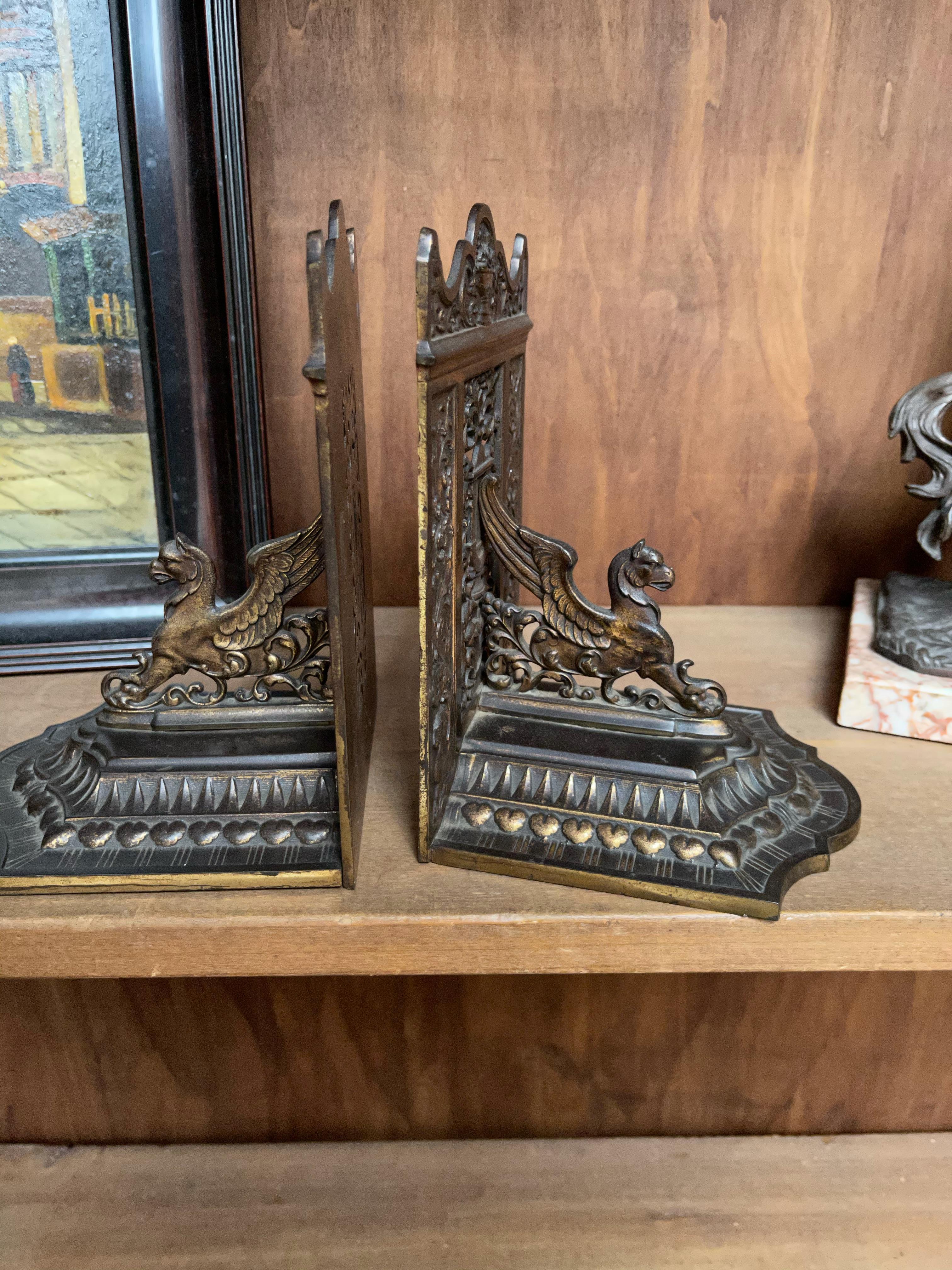 Rare Antique Hand Crafted Renaissance Revival Bronze Griffin Sculptures Bookends at 1stDibs