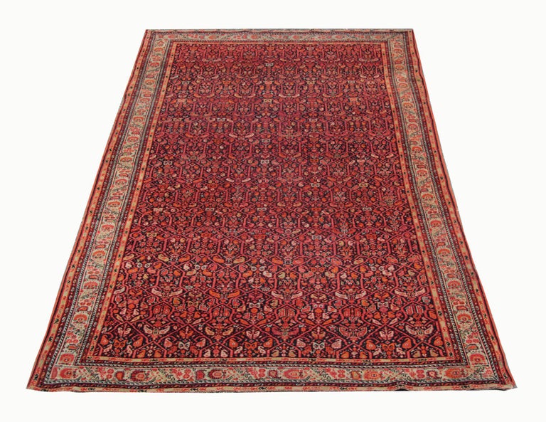 Rare Antique Malayer Traditional Red Wool Rug with Herati Fish Pattern ...