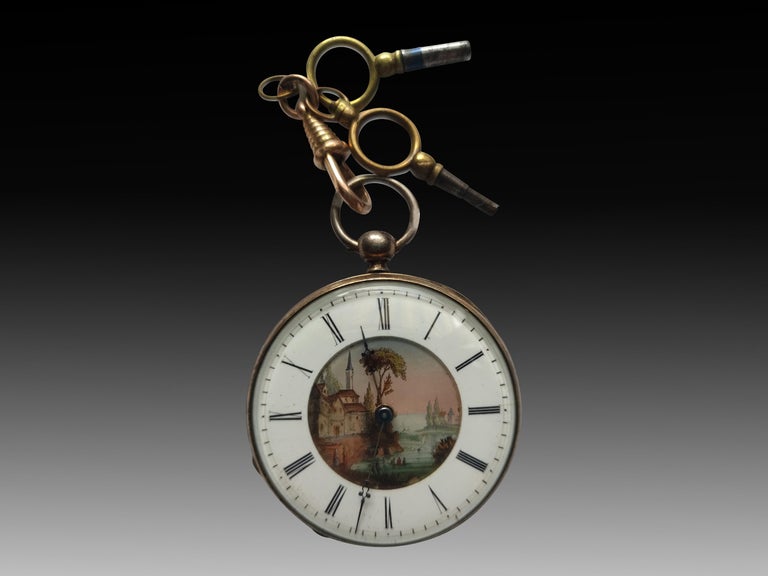 Rare Antique Pocket Key Watch French 1800s with Painted Enamel Dial at ...