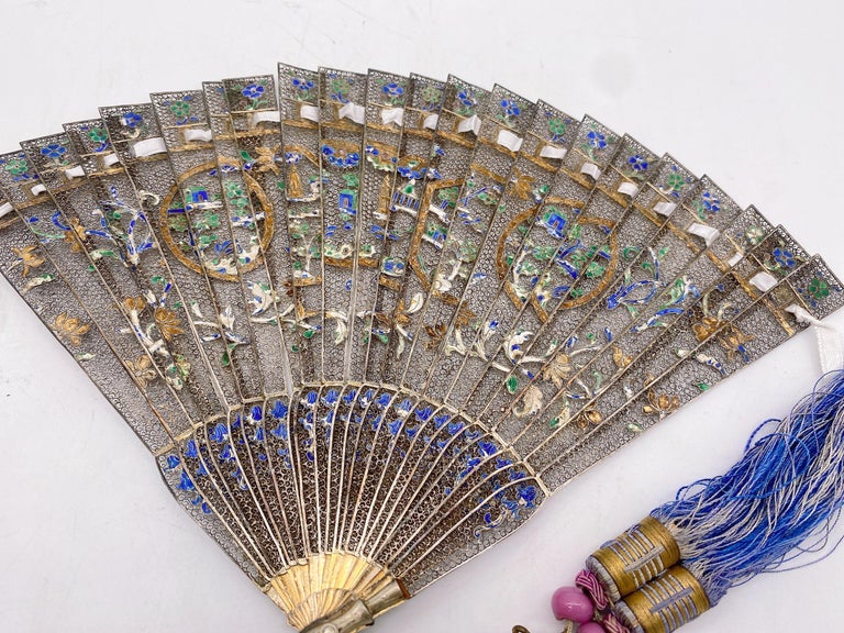 Rare Antique Qing Dynasty Chinese Gilt Silver Filigree And Enamel Brise ...