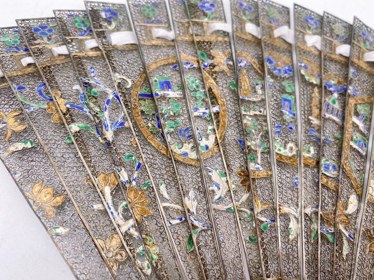 Rare Antique Qing Dynasty Chinese Gilt Silver Filigree And Enamel Brise ...