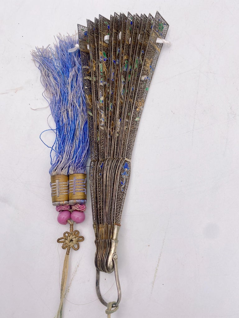 Rare Antique Qing Dynasty Chinese Gilt Silver Filigree And Enamel Brise ...