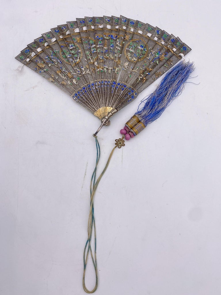 Rare Antique Qing Dynasty Chinese Gilt Silver Filigree And Enamel Brise ...