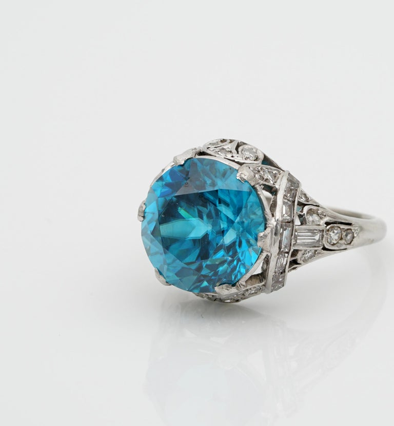 Rare Art Deco 11.0 Ct Natural Blue Zircon .90 Ct Diamond Platinum Ring ...