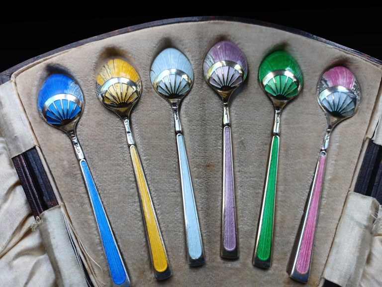 Rare Art Deco Gilt Guilloche Enamel Teaspoon Set in Original Leather ...