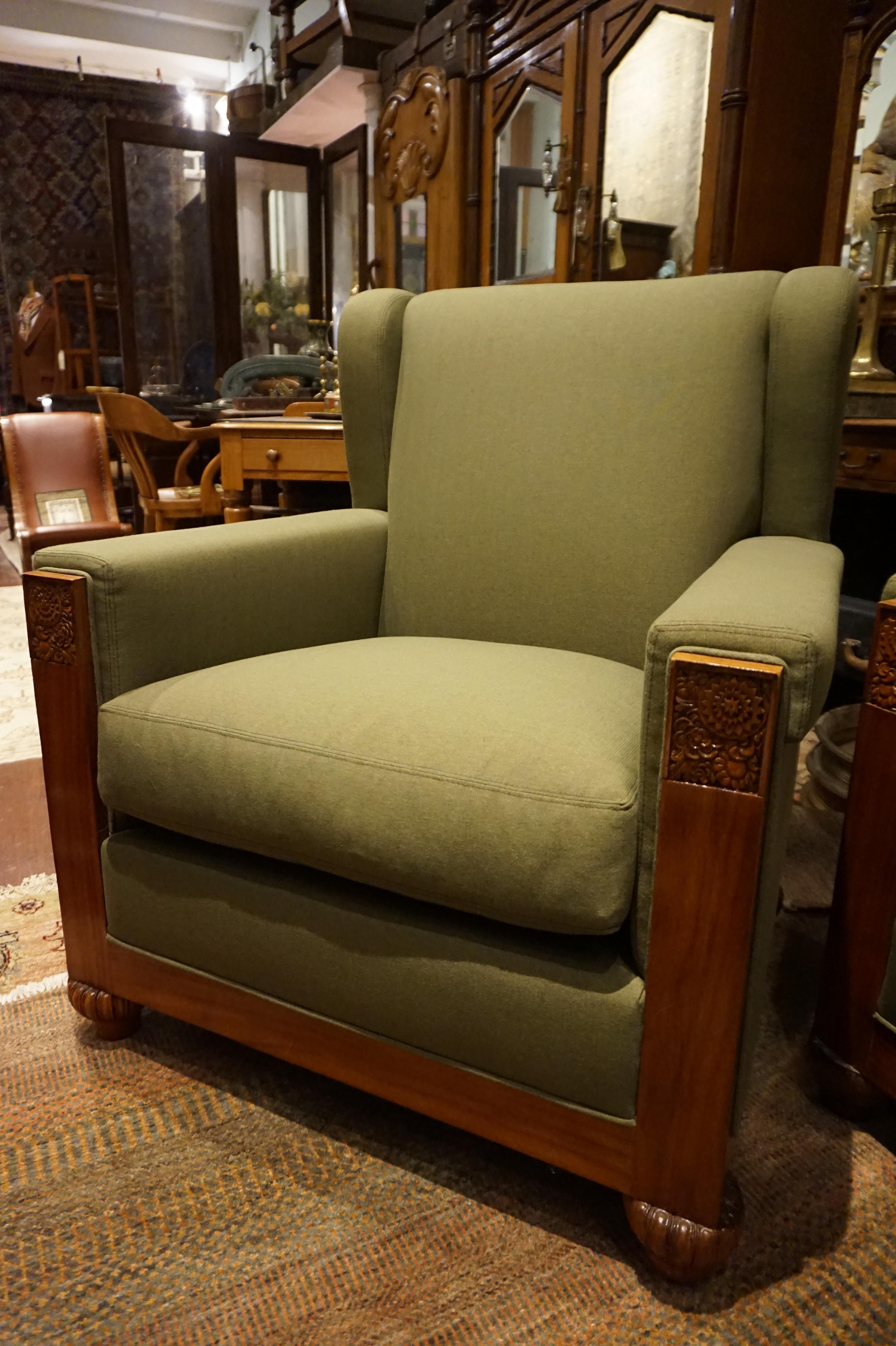 Rare Art Deco Teak Carved Paul Follot Attributed Wingback Settee and ...
