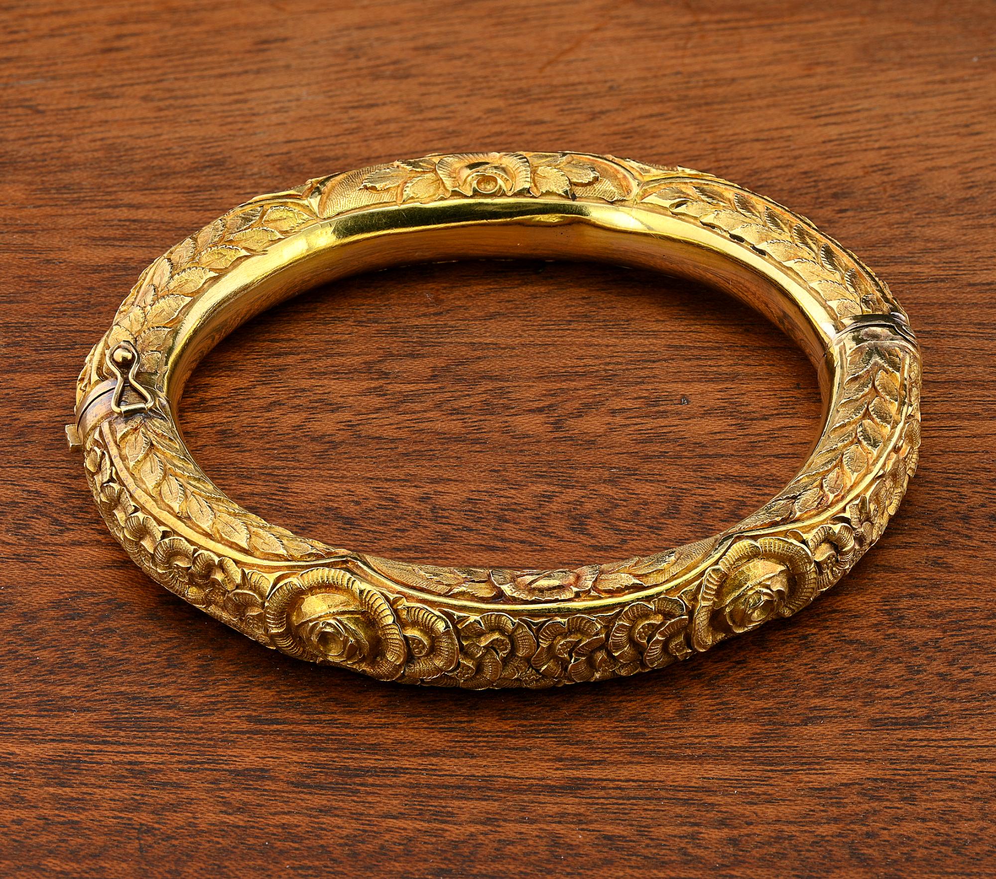 Rare Art Nouveau Repousse Nature Design 18 KT Hinged Bangle For Sale at ...