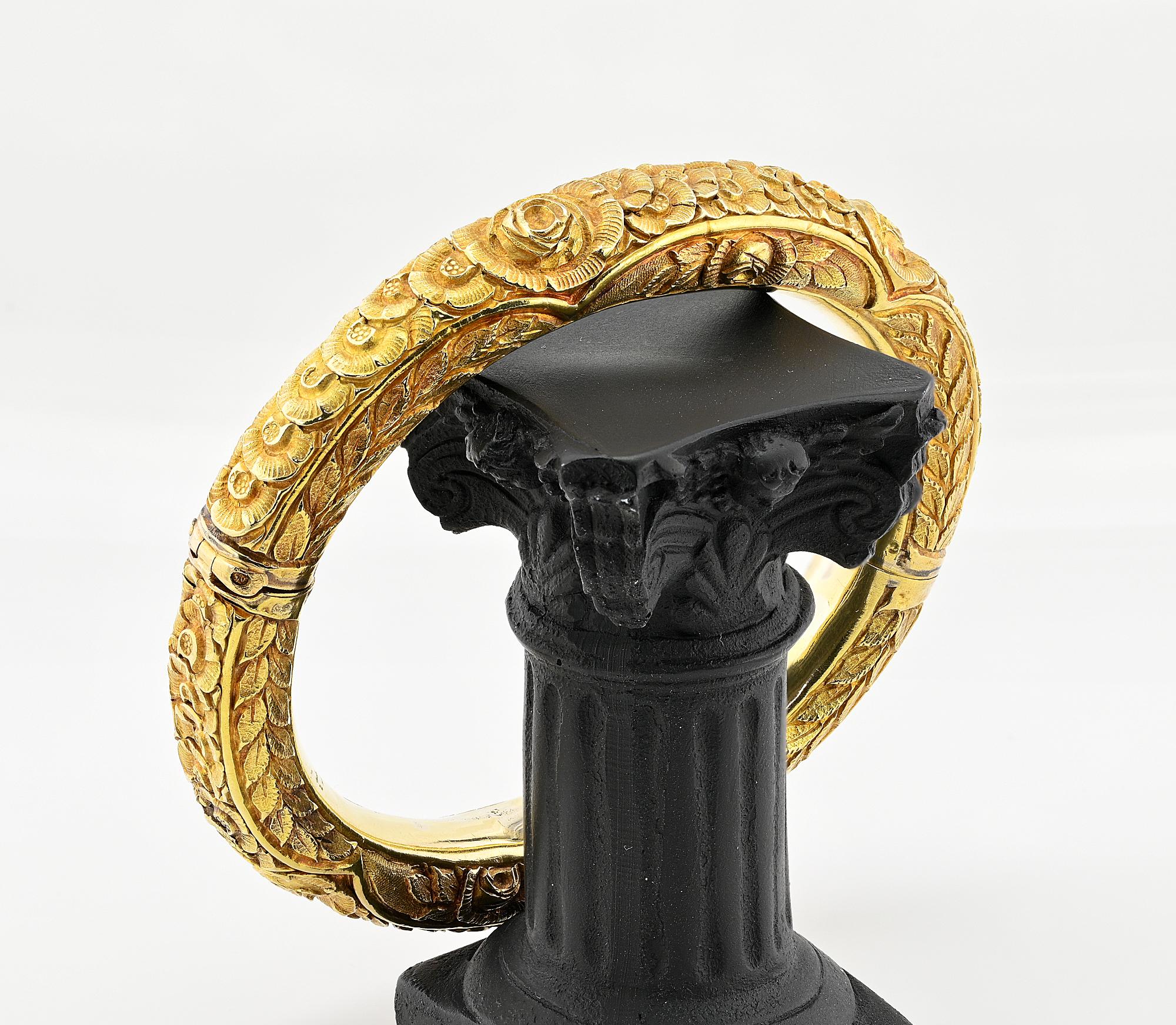 Rare Art Nouveau Repousse Nature Design 18 KT Hinged Bangle For Sale at ...