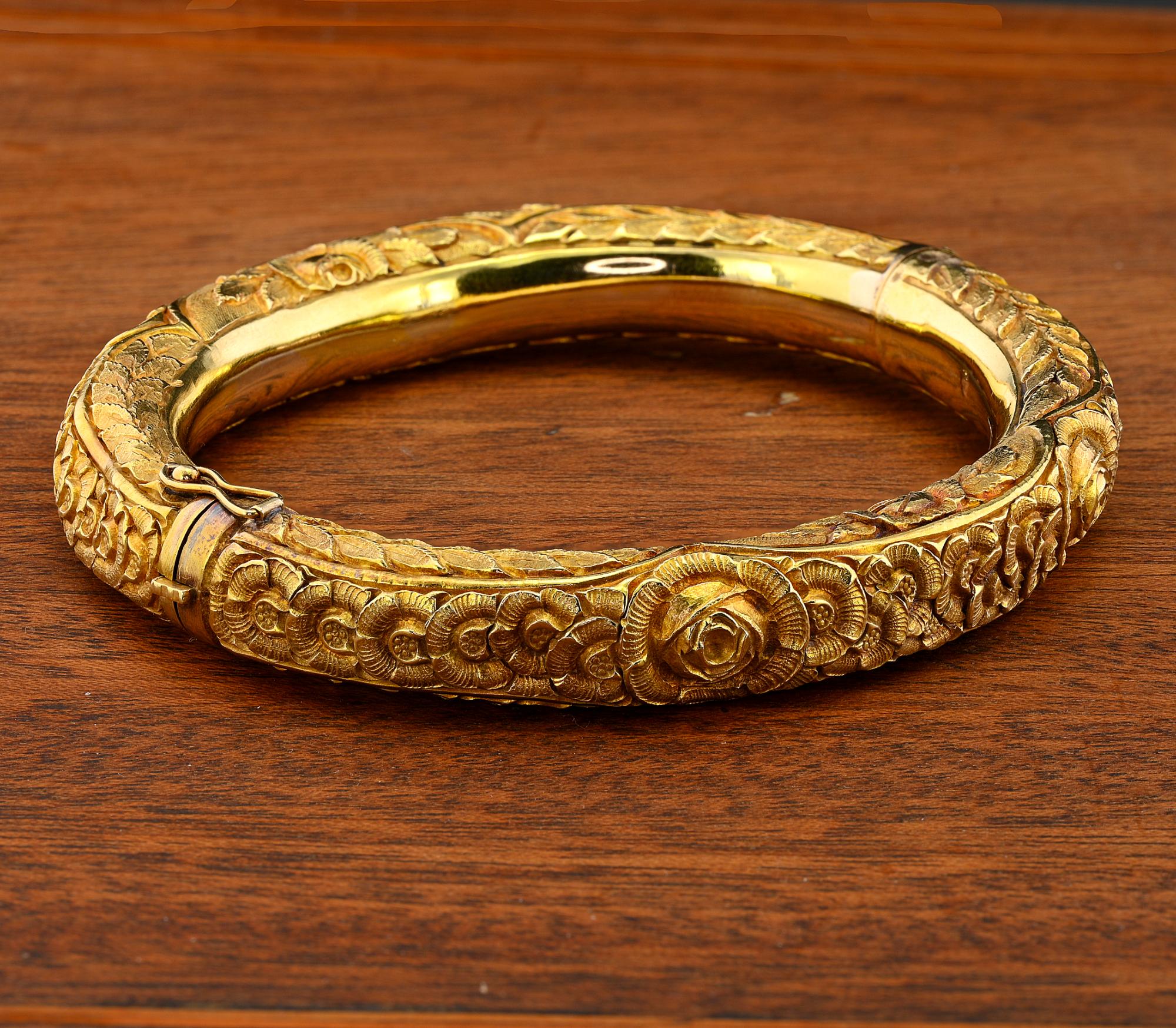 Rare Art Nouveau Repousse Nature Design 18 KT Hinged Bangle For Sale at ...
