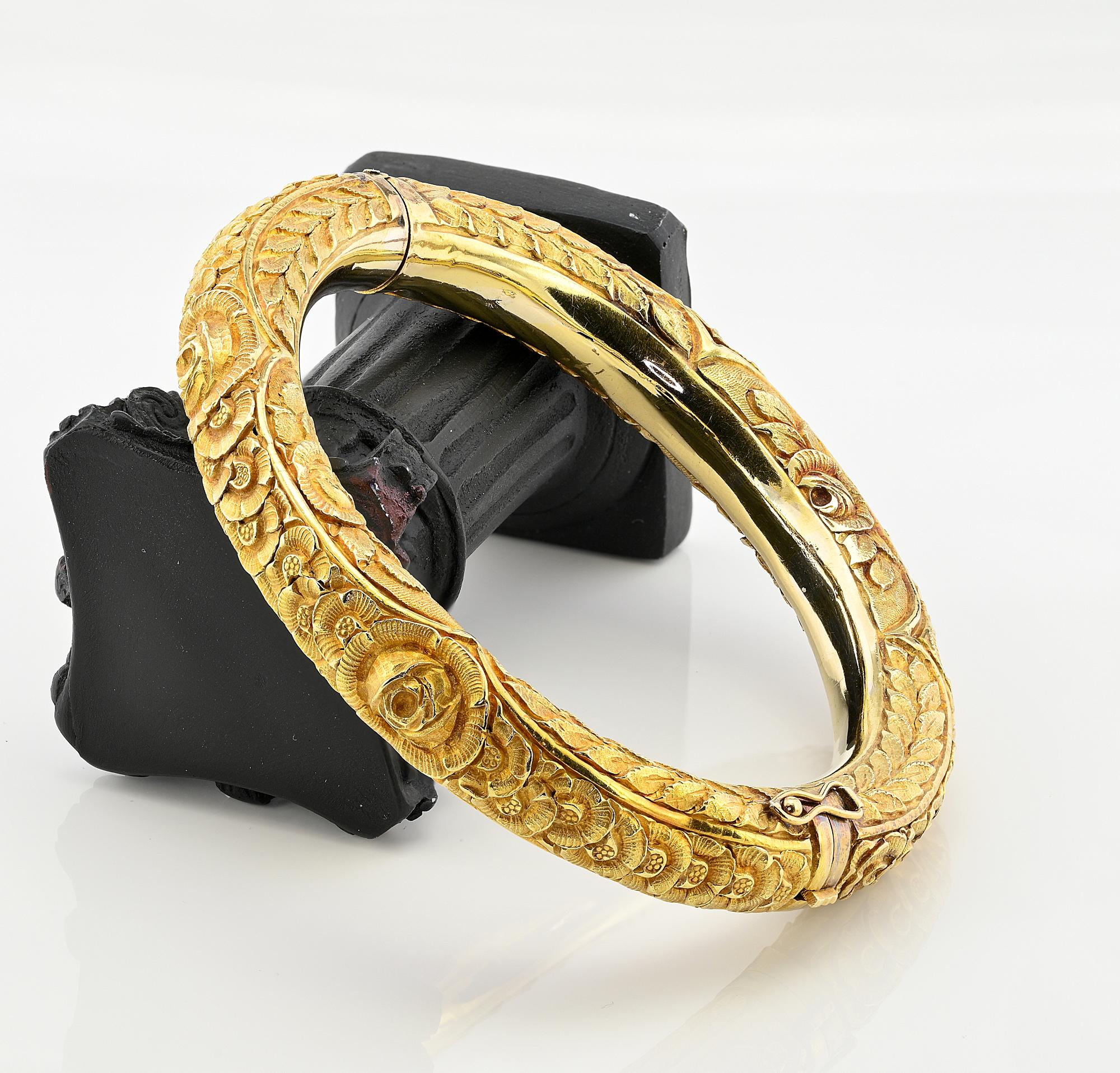Rare Art Nouveau Repousse Nature Design 18 KT Hinged Bangle For Sale at ...