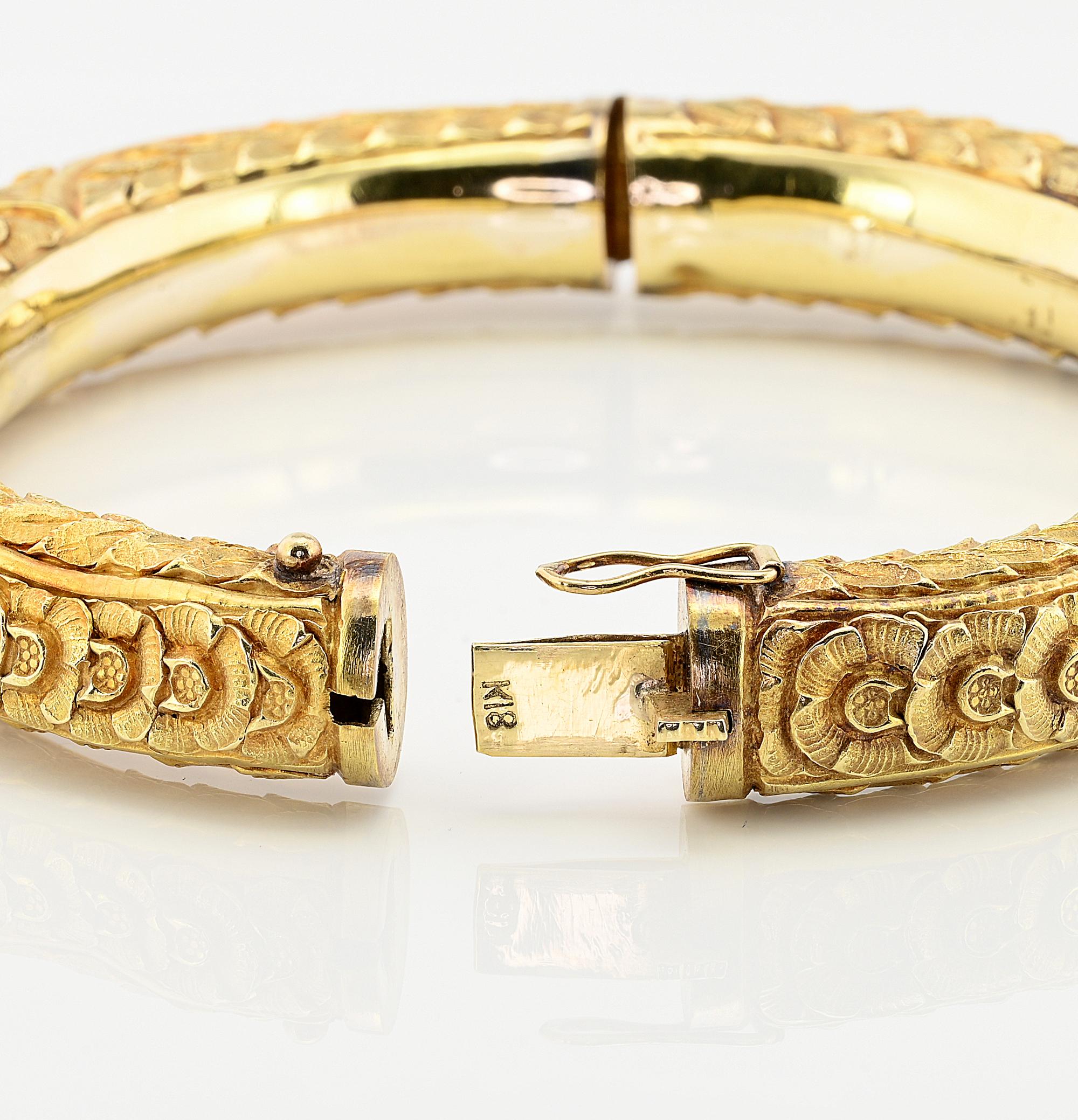 Rare Art Nouveau Repousse Nature Design 18 KT Hinged Bangle For Sale at ...
