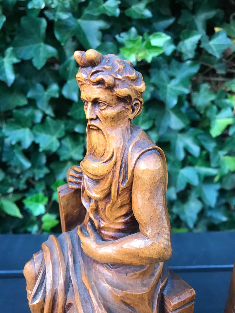 Rare Biblical Boxwood Bookends Moses by Michelangelo and Saint Benedict ...