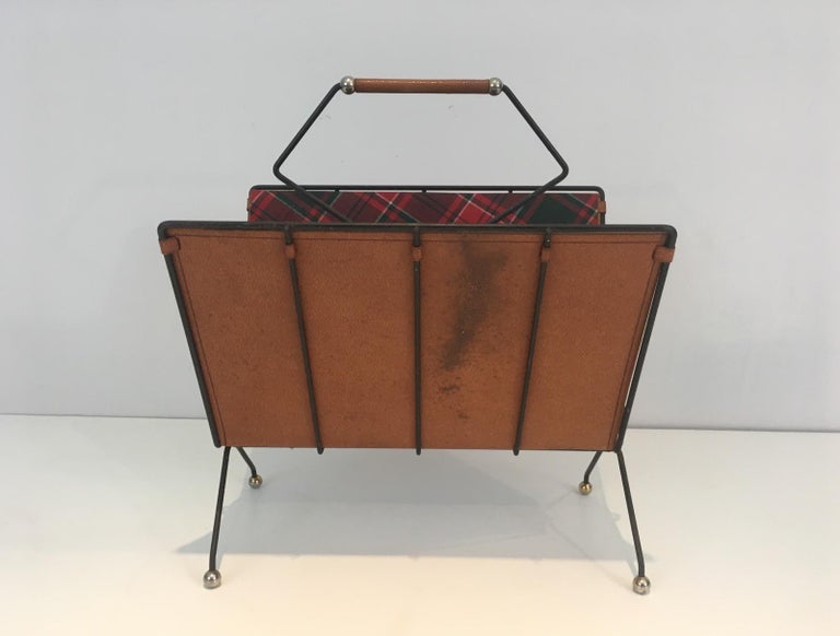 Rare Black Lacquered Metal, Leather and Plaid Fabric Magazine Rack For ...