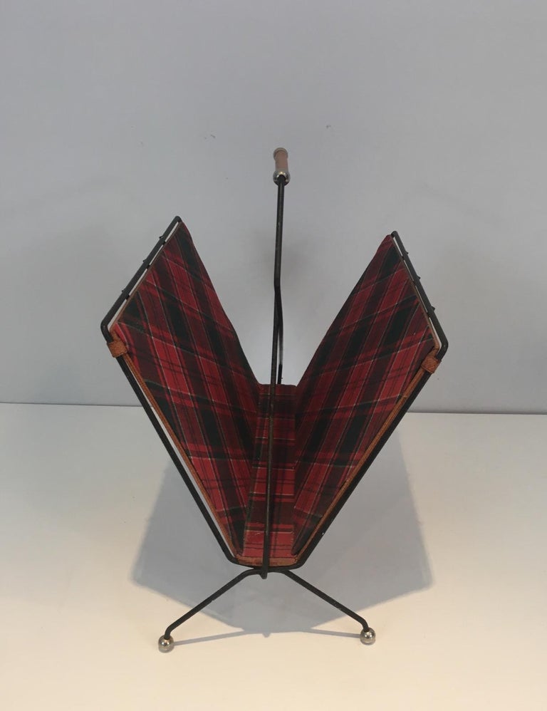 Rare Black Lacquered Metal, Leather and Plaid Fabric Magazine Rack For ...