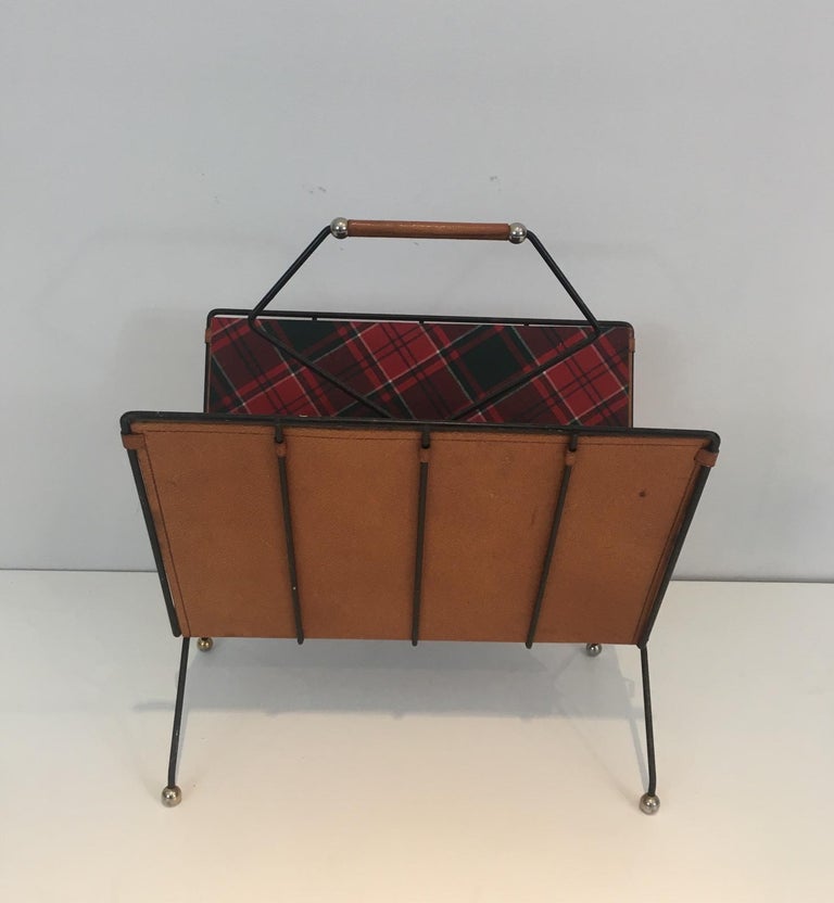 Rare Black Lacquered Metal, Leather and Plaid Fabric Magazine Rack For ...