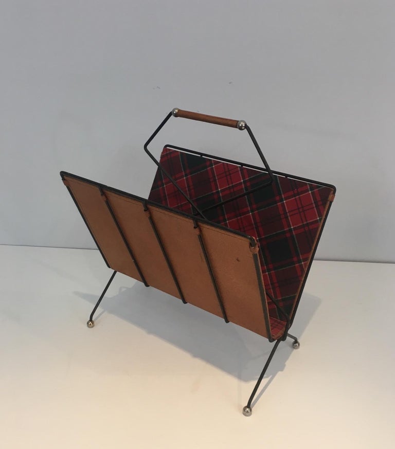 Rare Black Lacquered Metal, Leather and Plaid Fabric Magazine Rack For ...