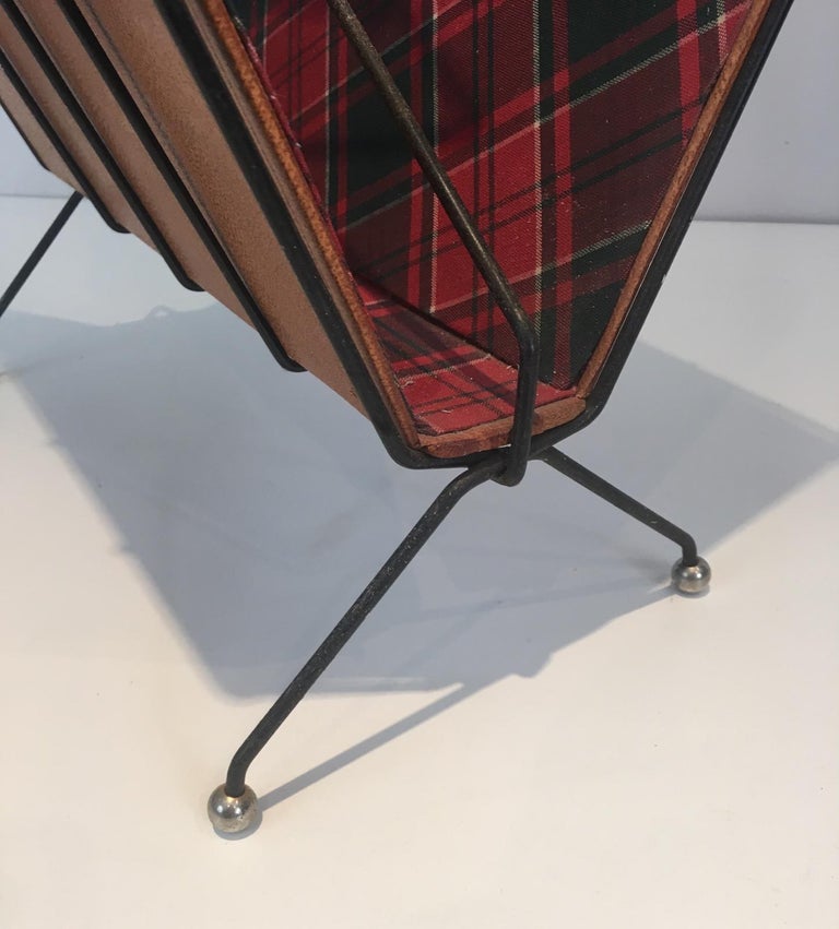 Rare Black Lacquered Metal, Leather and Plaid Fabric Magazine Rack For ...