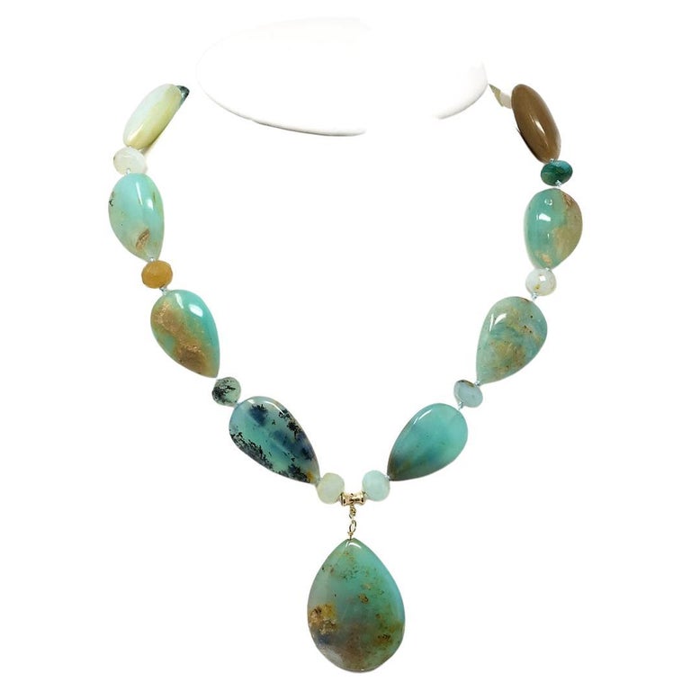 Rare Blue Green Peruvian Opals Teardrop Collar Necklace 18KT, 14KT Gold ...