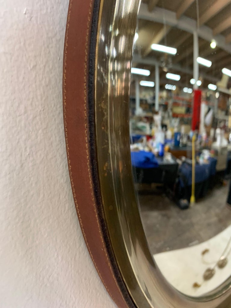 Rare Brass and Stitched Leather Strap Convex Mirror For Sale at 1stDibs