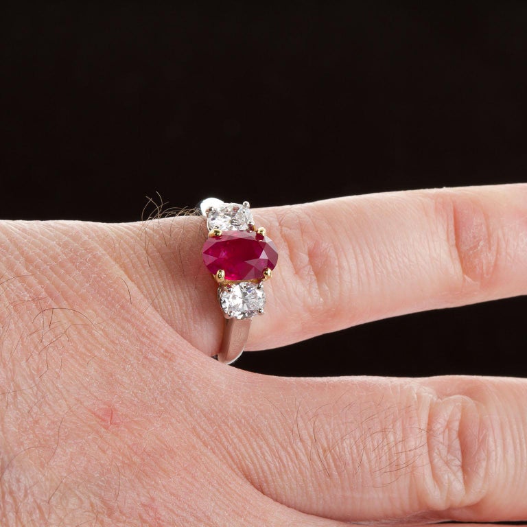 Oval Ruby Diamond Three-Stone Ring Burma No-Heat 2.64 Carat For Sale at ...