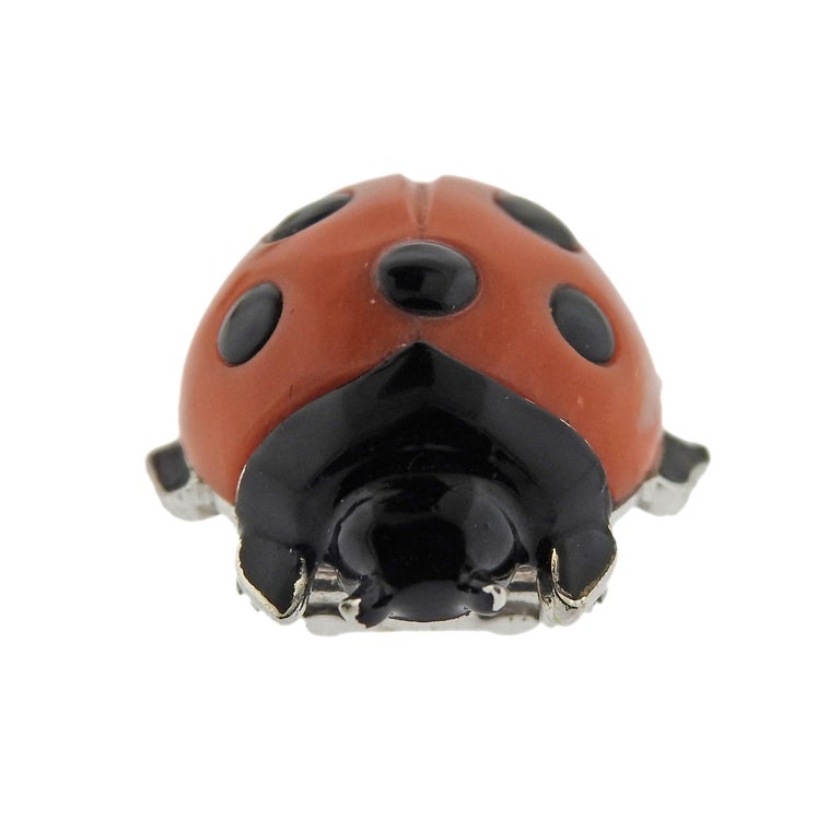 Rare Cartier Coral Onyx Gold Enamel Ladybug Brooch Set For Sale at 1stDibs