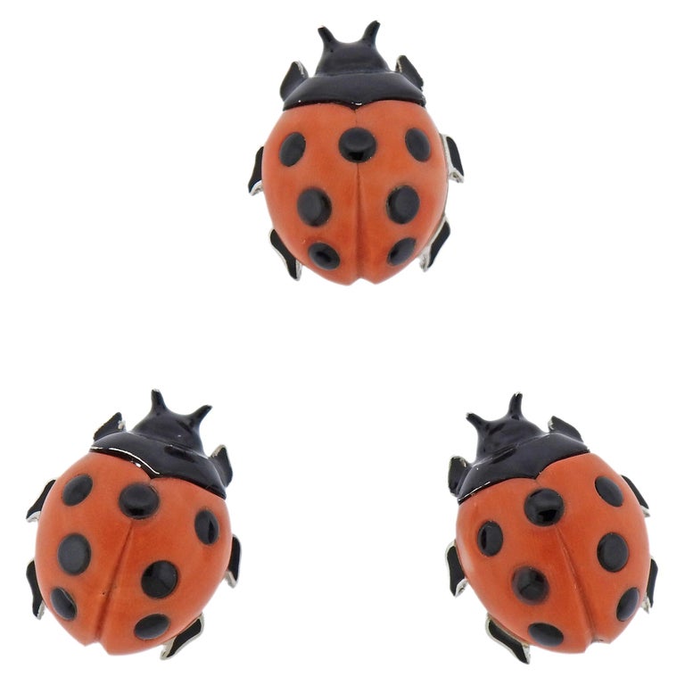 Rare Cartier Coral Onyx Gold Enamel Ladybug Brooch Set For Sale at 1stDibs