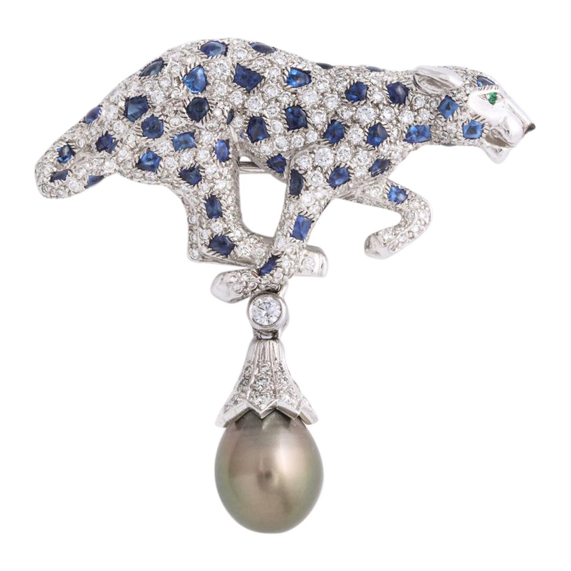 Rare Cartier Panther Diamond Sapphire Tahitian Pearl Pin at 1stDibs