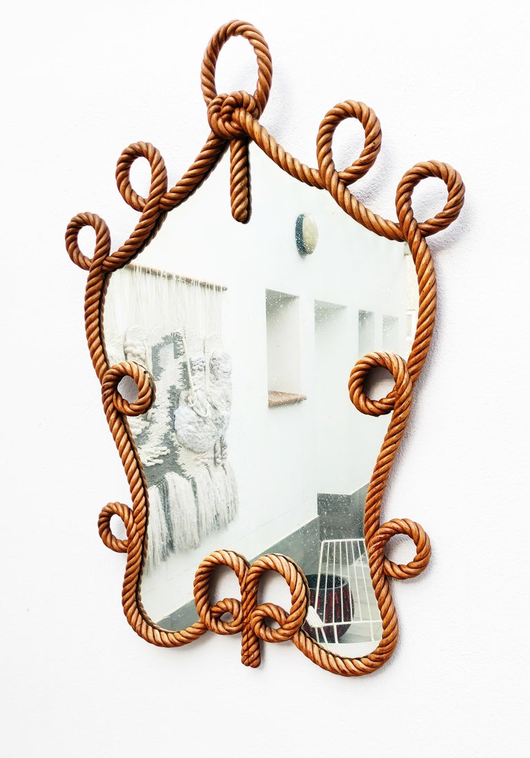 Rare Carved Wooden Rope Mirror, Spain, 1940s at 1stDibs