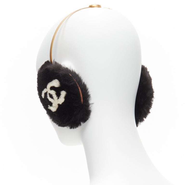 rare CHANEL 01A Vintage gold white pearl Coco CC logo black fur ear ...