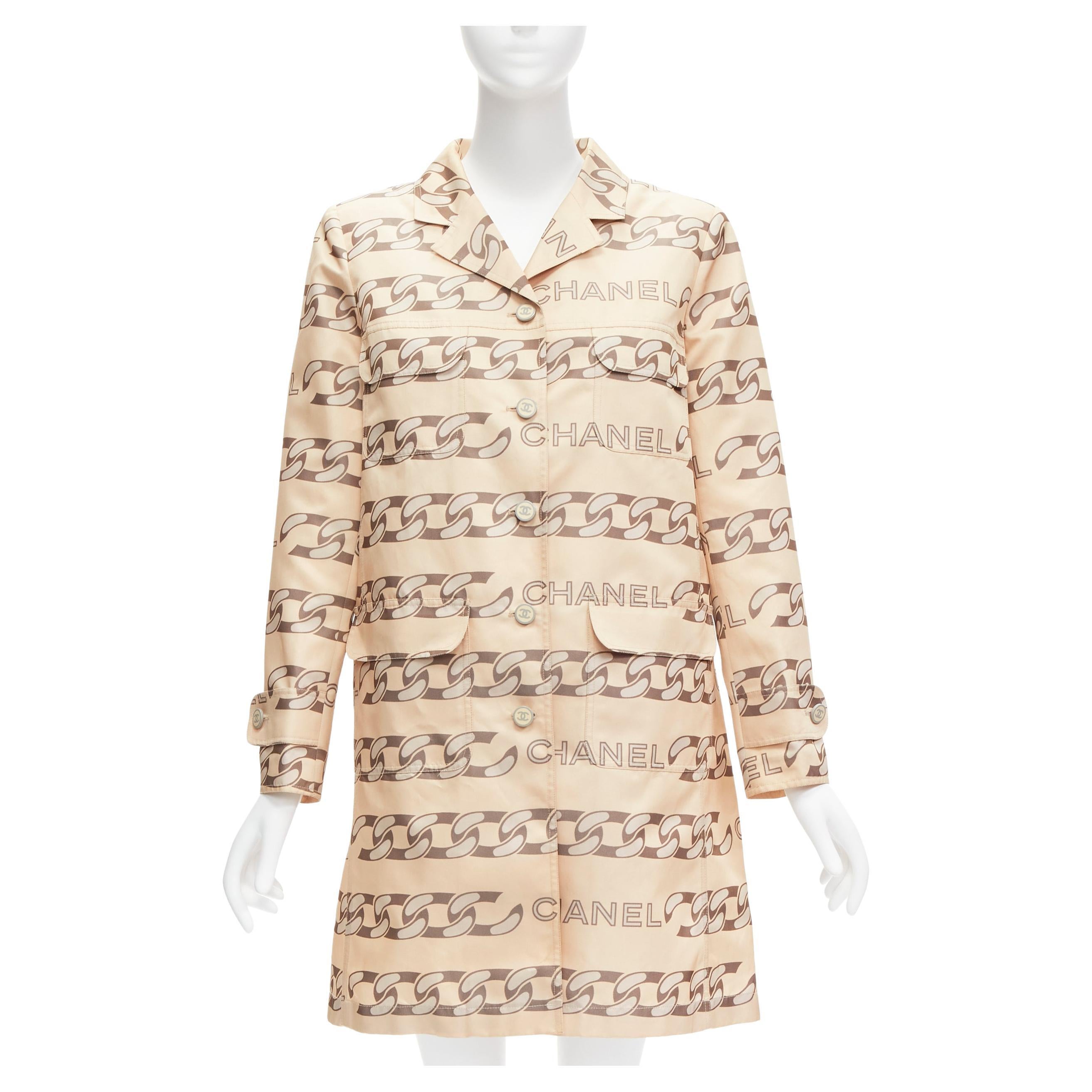 rare CHANEL 01A Vintage Runway beige grey CC logo chain print coat ...