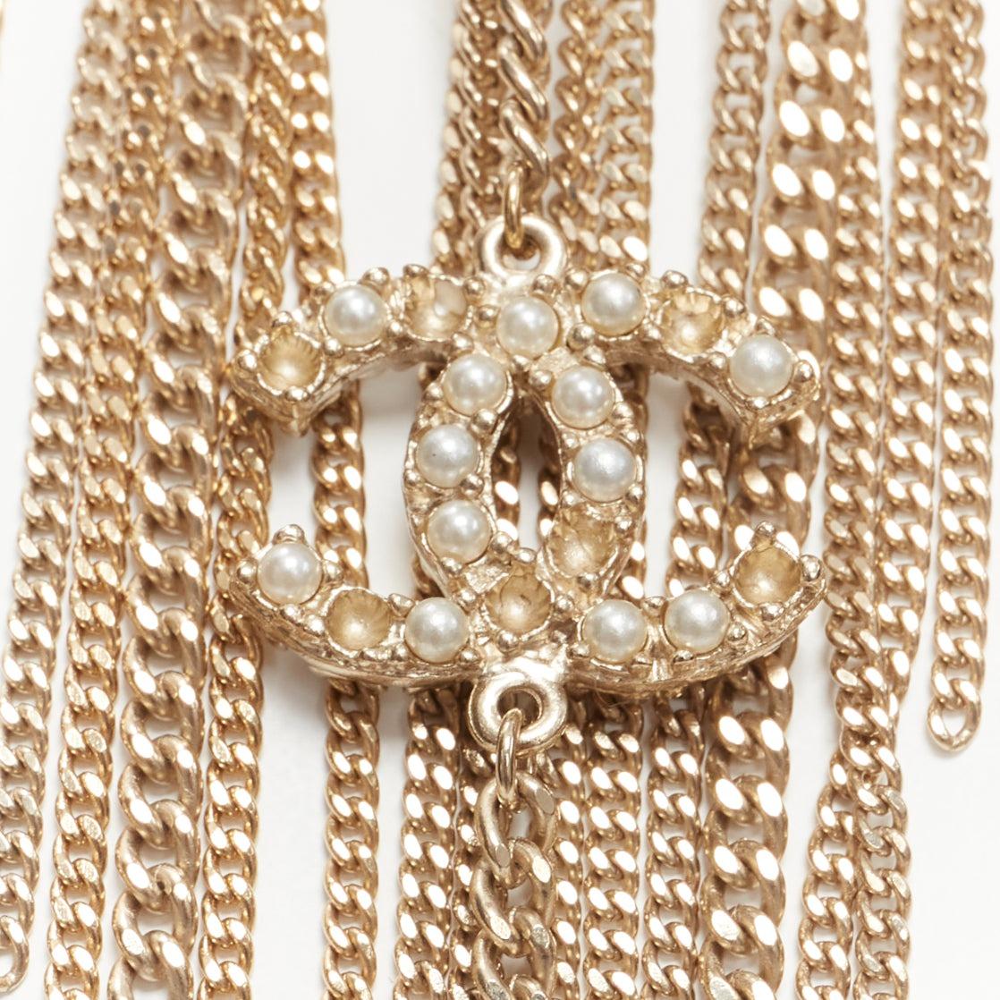 rare CHANEL 10P faux pearl CC logo charm chain fringe wrap necklace For ...