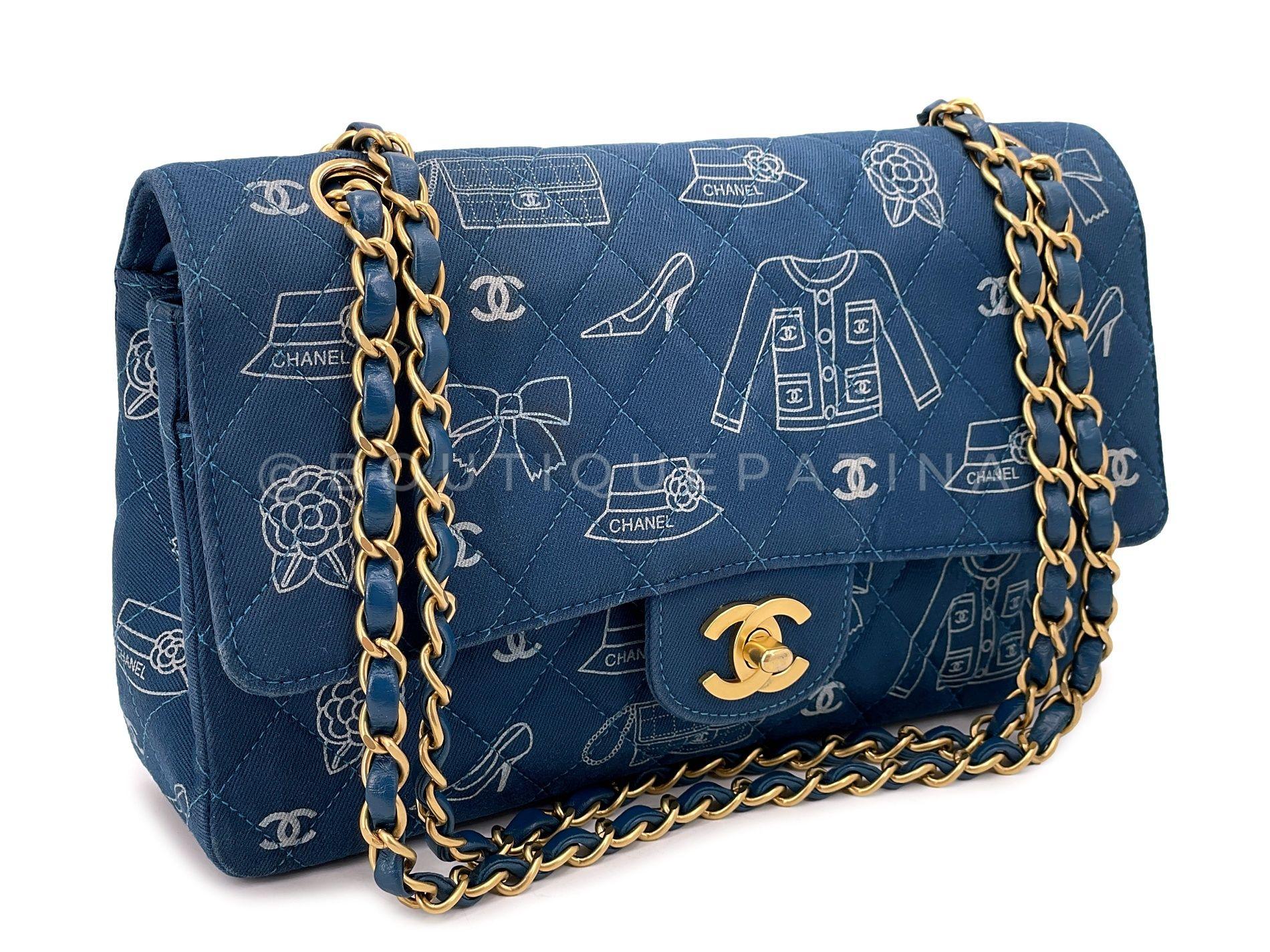 Rare Chanel 2003 Vintage ICONS Blue Canvas Printed Medium Classic ...