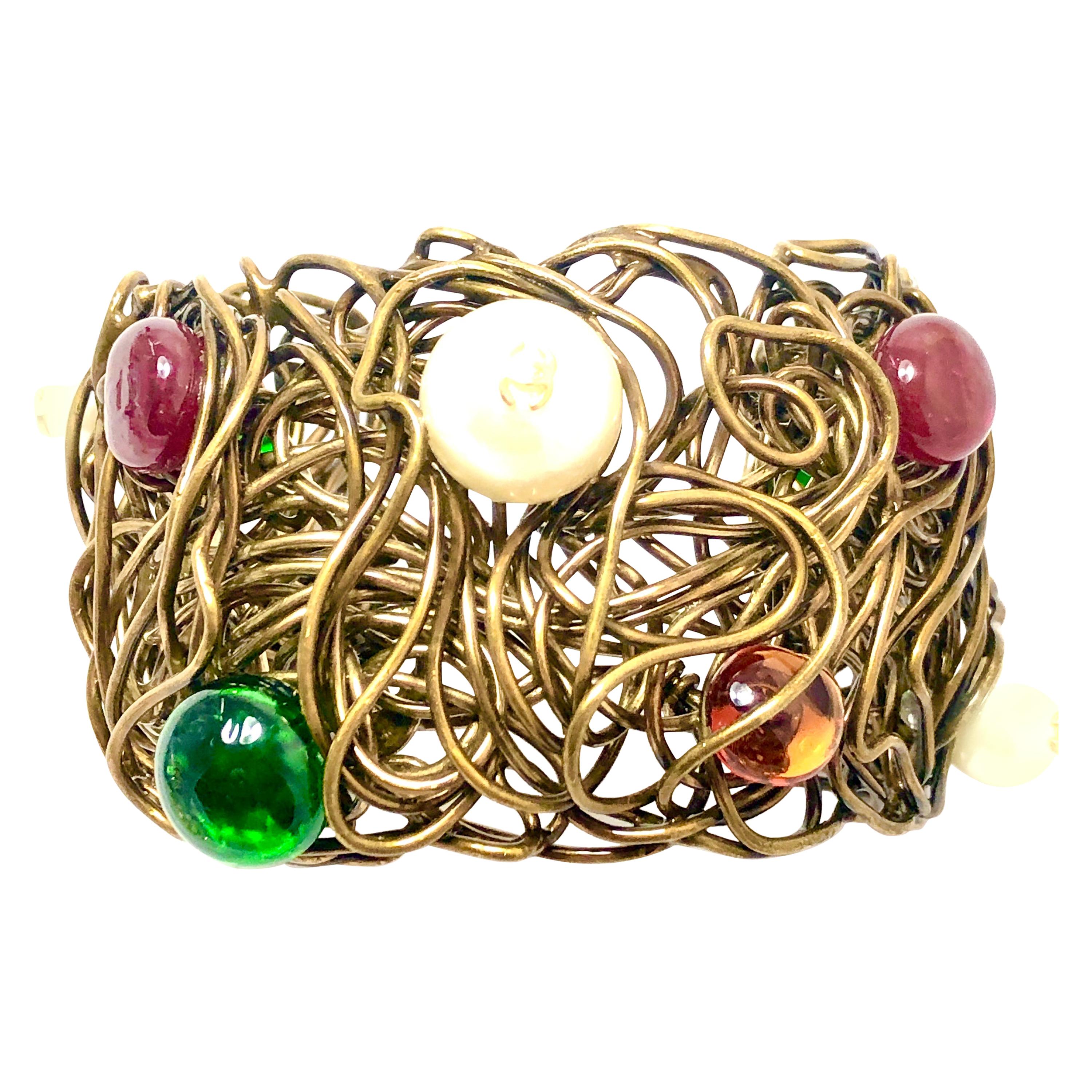 Rare Chanel Bird's Nest Gripoix Glass Pearl Wire Cuff For Sale at 1stDibs