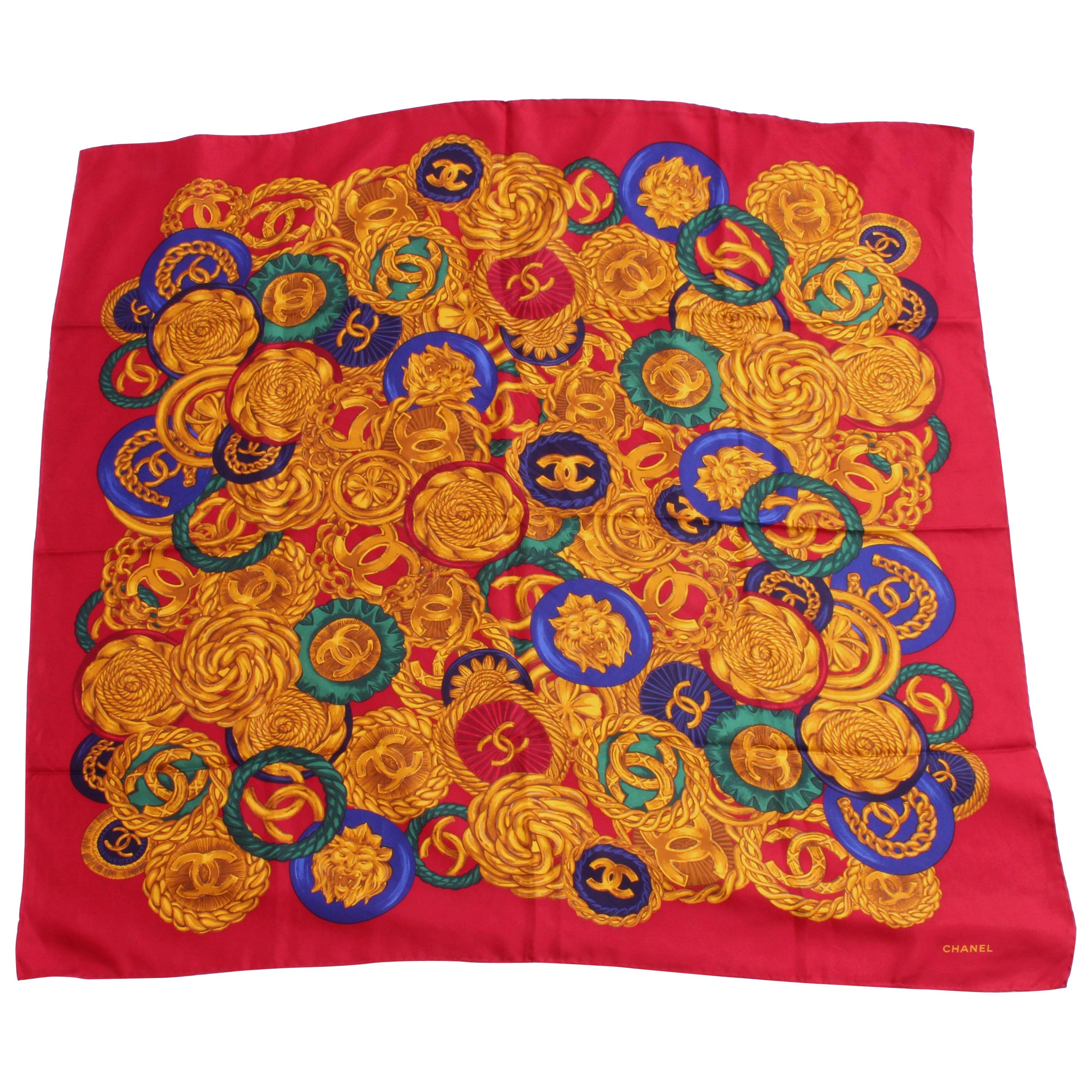 Rare Chanel Silk Twill Scarf Shawl CC Logo Coin Motif Massive 40in For ...