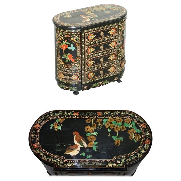 Rare Chinese Black Lacquer Hand Painted Chinoiserie Side Table Drawers ...
