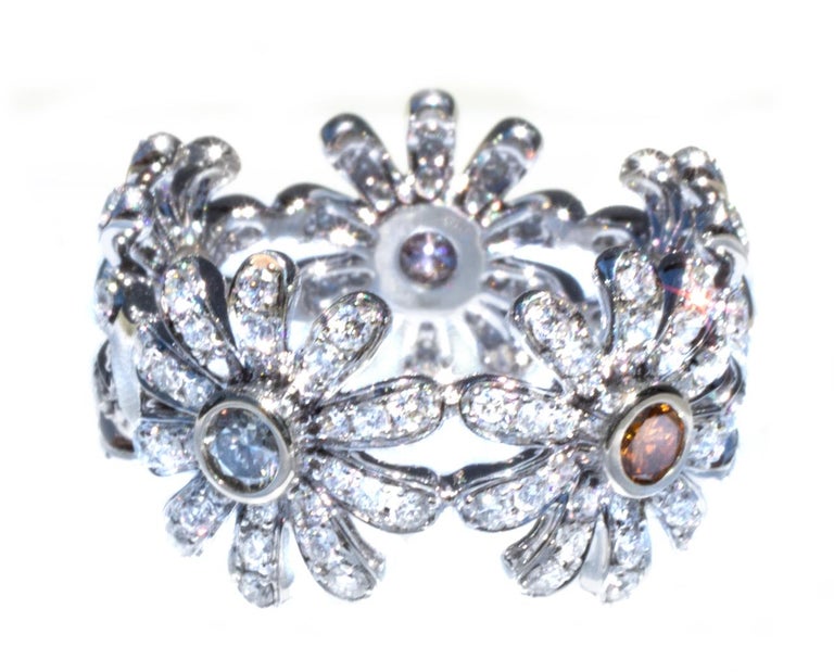 Rare Colored Diamond Flower 18K Ring For Sale at 1stDibs