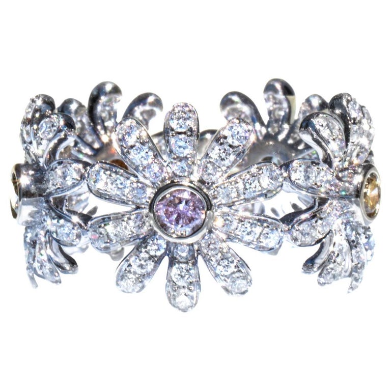 Rare Colored Diamond Flower 18K Ring For Sale at 1stDibs